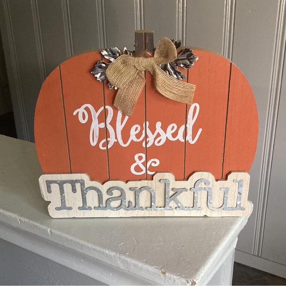 Holiday | Solid Wood Slatted Blessed Thankful Galvanized Pumpkin Decor ...
